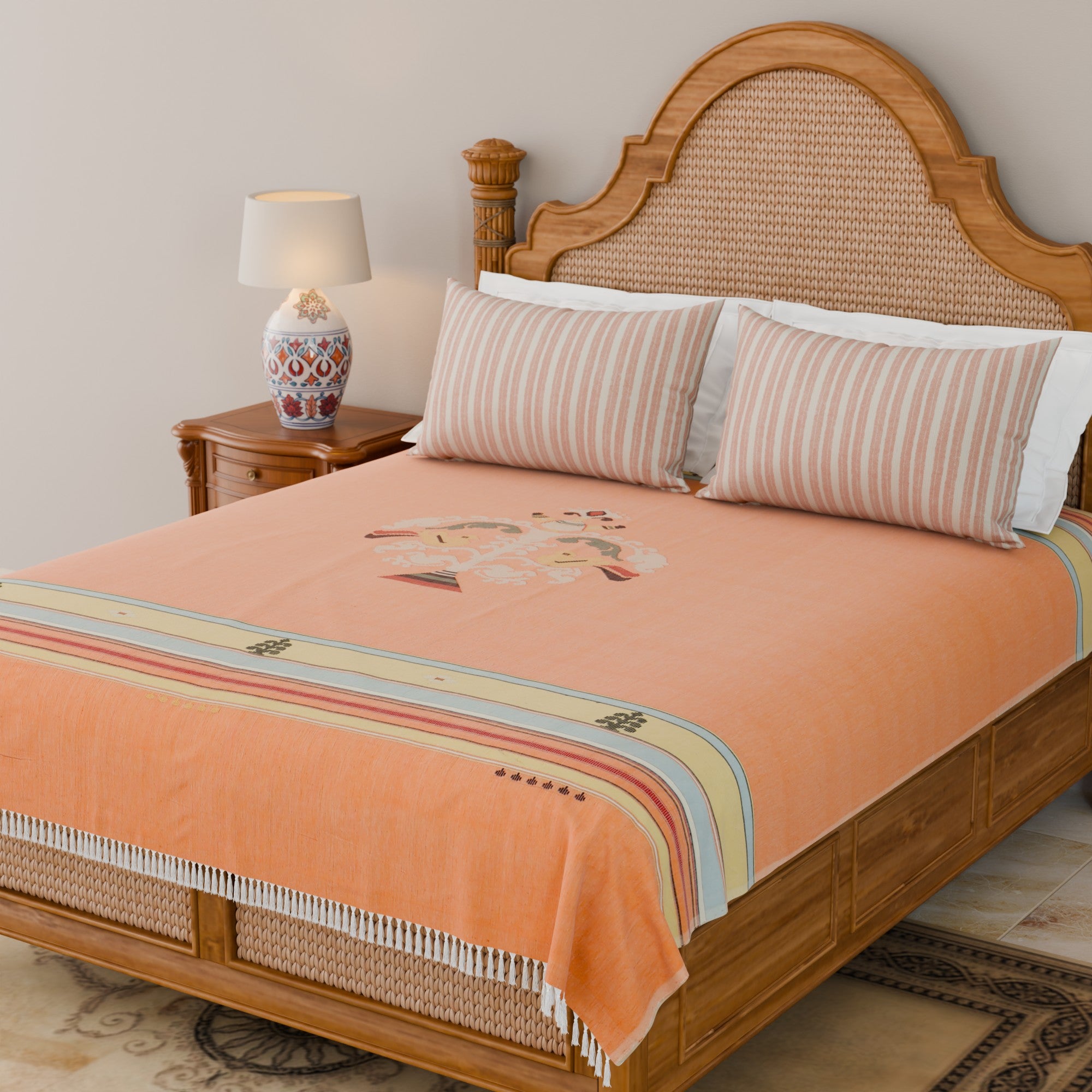 Hand-woven Bawan Buti Double Bedcover, Orange – Eyaas