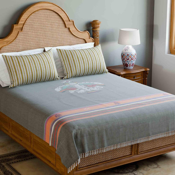 Hand-woven Bawan Buti Double Bedcover, Grey – Eyaas